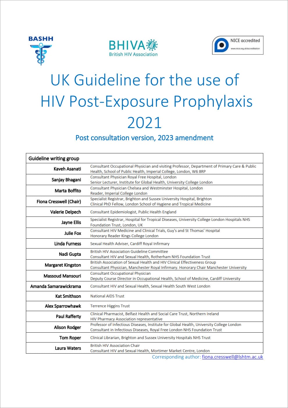 UK Guideline for the use of HIV Post-Exposure Prophylaxis 2021 – BHIVA